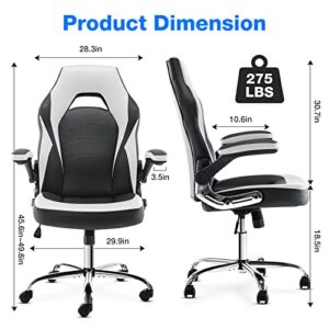 Gaming Chair - Ergonomic Office Chair Flip-up Armrest and Height Adjustable Desk Splicing PU Leather Computer Chair with Lumbar Support, White