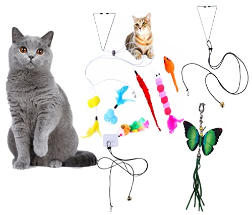 Alibuy Interactive Cat Toys,Hanging Cat Toy Kits 10Pcs Cat Feather Toys Hanging Door Retractable Ropes,Upgraded Mouse Toys Set Kitten Play Teaser for Cat Jump Exercise (10Pcs)