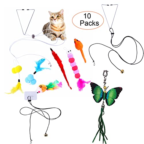 Alibuy Interactive Cat Toys,Hanging Cat Toy Kits 10Pcs Cat Feather Toys Hanging Door Retractable Ropes,Upgraded Mouse Toys Set Kitten Play Teaser for Cat Jump Exercise (10Pcs)