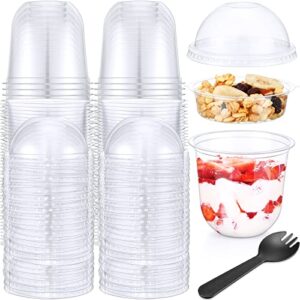 100 pack 12 oz clear plastic parfait cups with dome lids no hole disposable party dessert cups with lids insert spork round fruit cups with lid containers tumbler for yogurt fruit cereal ice cream