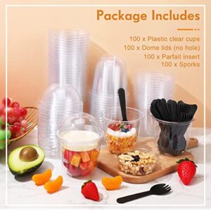 100 Pack 12 oz Clear Plastic Parfait Cups with Dome Lids No Hole Disposable Party Dessert Cups with Lids Insert Spork Round Fruit Cups with Lid Containers Tumbler for Yogurt Fruit Cereal Ice Cream