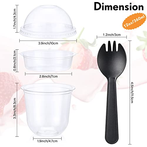 100 Pack 12 oz Clear Plastic Parfait Cups with Dome Lids No Hole Disposable Party Dessert Cups with Lids Insert Spork Round Fruit Cups with Lid Containers Tumbler for Yogurt Fruit Cereal Ice Cream