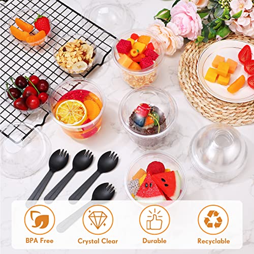 100 Pack 12 oz Clear Plastic Parfait Cups with Dome Lids No Hole Disposable Party Dessert Cups with Lids Insert Spork Round Fruit Cups with Lid Containers Tumbler for Yogurt Fruit Cereal Ice Cream