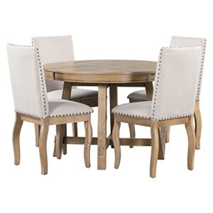 GLORHOME 5-Piece Farmhouse Set for 4 to 6 Round Extendable Table and 4 Upholstered Dining Chairs (Natural Wood Wash)