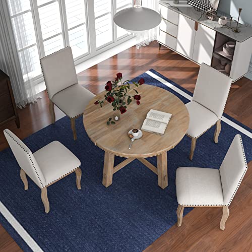 GLORHOME 5-Piece Farmhouse Set for 4 to 6 Round Extendable Table and 4 Upholstered Dining Chairs (Natural Wood Wash)