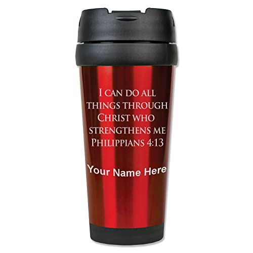 LaserGram 16oz Coffee Travel Mug, Bible Verse Philippians 4-13, Personalized Engraving Included (Red)