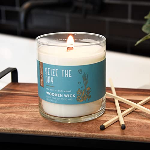 Essential Elements by Candle-Lite Company Wood Wick Scented Candle, Seize The Day, One 16 oz. Single-Wick Aromatherapy Candle with 50 Hours of Burn Time, White