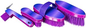 tough 1 printed 4 piece grooming brush set with hoof pick- purple chevron