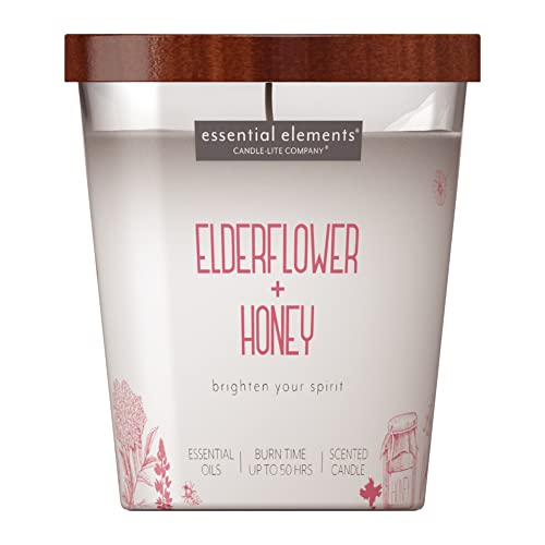 Essential Elements by Candle-lite Scented Candles, Elderflower & Honey Fragrance, One 9 oz. Single-Wick Aromatherapy Candle with 50 Hours of Burn Time, Off-White Color