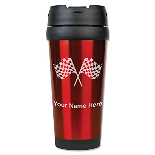 LaserGram 16oz Coffee Travel Mug, Racing Flags, Personalized Engraving Included (Red)