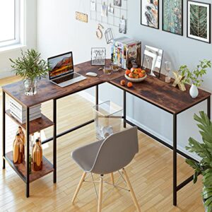 L Shaped Desk,Corner Computer Desk with 2 Removable Shelf,Sturdy Wood & Steel Home Office Table,Writing Desk,Larger Writing Workstation for Small Spaces, Black/Brown