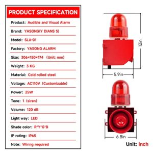 Industrial Sound and Light Alarm Siren - LED Strobe Warning Light 120dB Loud Horn Outdoor Security Siren 25W AC110V