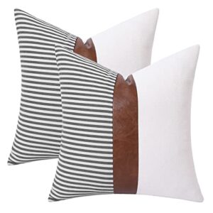 mecatny boho throw pillows 18x18 set of 2 - farmhouse decorative throw pillows with inserts included - brown faux leather modern stripe patchwork linen accent throw pillows for couch bed sofa, grey