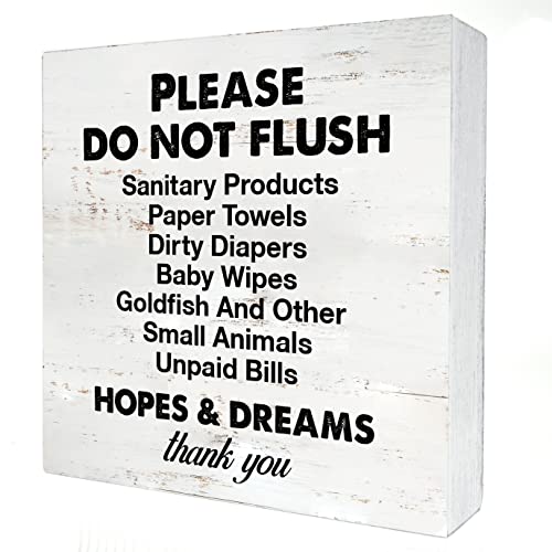 Funny Bathroom Wooden Box Sign Desk Decor Please Do Not Flush Sanitary Products Wood Block Plaque Box Signs with Quotes Rustic Box Sign for Home Bathroom Shelf Table Decoration (5 X 5 Inch)