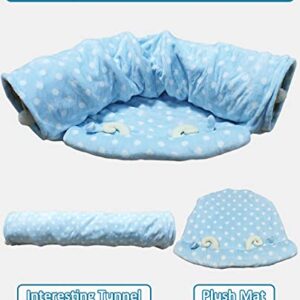 BNOSDM 2-in-1 Rabbit Tunnel Bed for Bunnies Tube Collapsible Removeable Mat Rabbits Tunnels Tubes Toys Small Animal Hideout for Pet Kittens Chinchilla Ferrets Guinea Pigs Hamster Blue