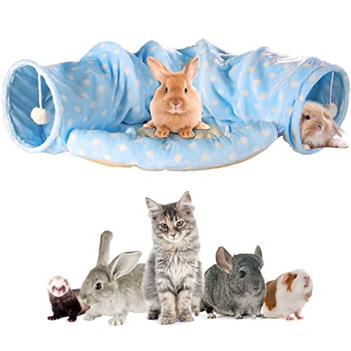 BNOSDM 2-in-1 Rabbit Tunnel Bed for Bunnies Tube Collapsible Removeable Mat Rabbits Tunnels Tubes Toys Small Animal Hideout for Pet Kittens Chinchilla Ferrets Guinea Pigs Hamster Blue