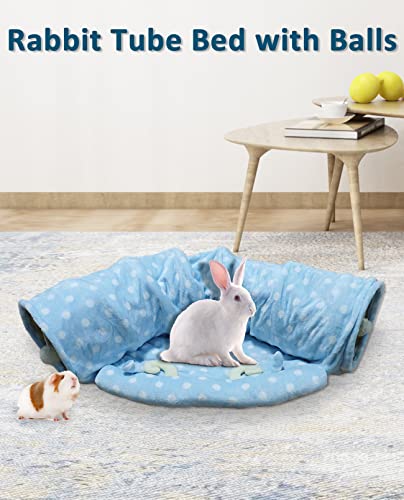 BNOSDM 2-in-1 Rabbit Tunnel Bed for Bunnies Tube Collapsible Removeable Mat Rabbits Tunnels Tubes Toys Small Animal Hideout for Pet Kittens Chinchilla Ferrets Guinea Pigs Hamster Blue