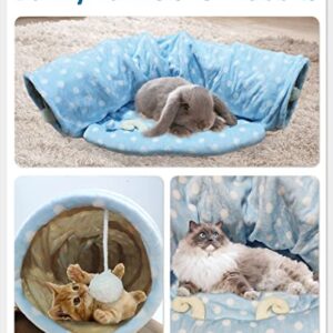 BNOSDM 2-in-1 Rabbit Tunnel Bed for Bunnies Tube Collapsible Removeable Mat Rabbits Tunnels Tubes Toys Small Animal Hideout for Pet Kittens Chinchilla Ferrets Guinea Pigs Hamster Blue