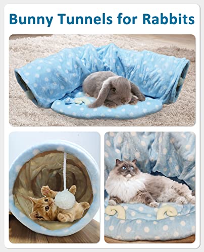 BNOSDM 2-in-1 Rabbit Tunnel Bed for Bunnies Tube Collapsible Removeable Mat Rabbits Tunnels Tubes Toys Small Animal Hideout for Pet Kittens Chinchilla Ferrets Guinea Pigs Hamster Blue