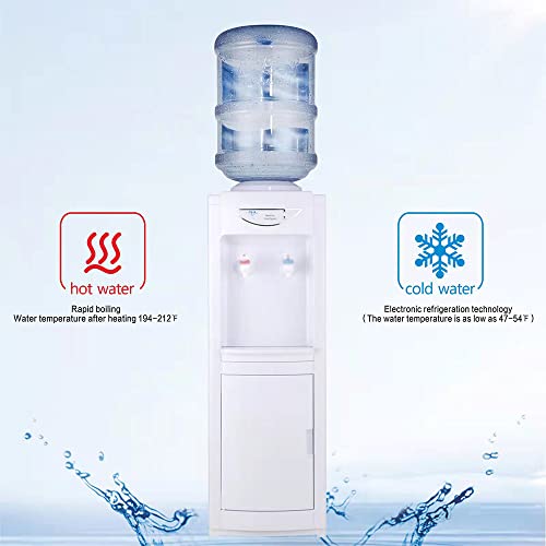 Huhelm Top Loading Water Cooler Dispenser, Hot & Cold Water Cooler 5 Gallon with Children Safety Lock Storage Cabinet for Home Office Indoor Use (White)