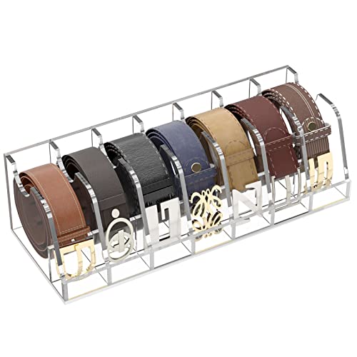 FEMELI Belt Organizer, Acrylic Clear Belt Case Storage Holder for Closet and Drawer, 7 Compartments Belt Box Container with Display Stand