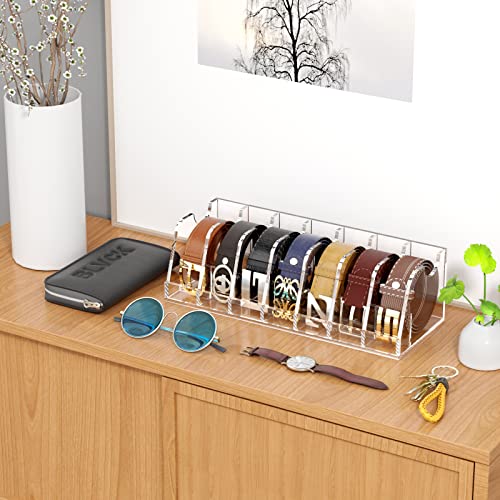 FEMELI Belt Organizer, Acrylic Clear Belt Case Storage Holder for Closet and Drawer, 7 Compartments Belt Box Container with Display Stand