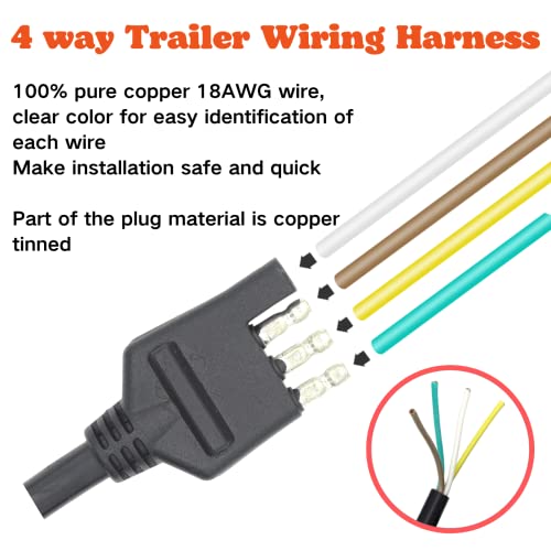 4-Way Trailer Wiring Harness Kits, 10Feet 18AWG 4-Way Plug 4 Pin Male Connector Extension Cable (10Feet)