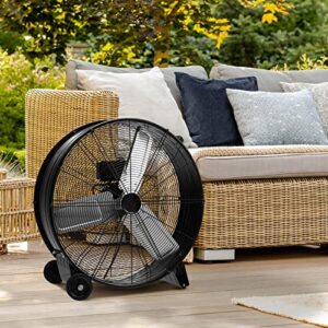 COSTWAY Industrial Drum Fan, 24 Inch 3-Speed Barrel High-Velocity Air Circulator Fan with Built-in Wheels & Aluminum Blades, Portable Heavy-Duty Metal Floor Fan for Garage, Warehouse, Workshop, Black