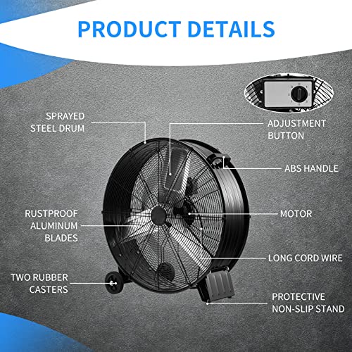 COSTWAY Industrial Drum Fan, 24 Inch 3-Speed Barrel High-Velocity Air Circulator Fan with Built-in Wheels & Aluminum Blades, Portable Heavy-Duty Metal Floor Fan for Garage, Warehouse, Workshop, Black