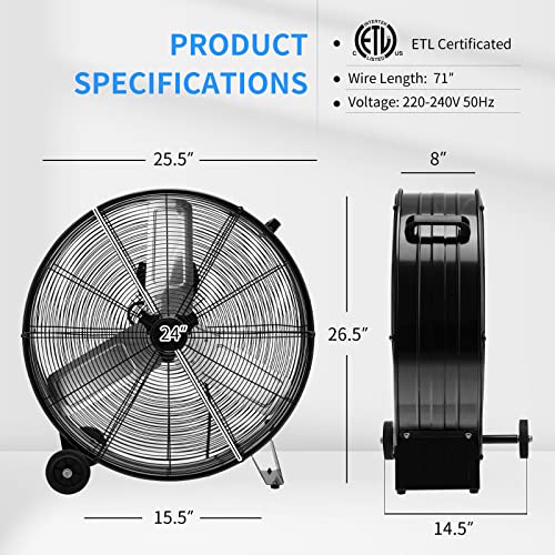 COSTWAY Industrial Drum Fan, 24 Inch 3-Speed Barrel High-Velocity Air Circulator Fan with Built-in Wheels & Aluminum Blades, Portable Heavy-Duty Metal Floor Fan for Garage, Warehouse, Workshop, Black