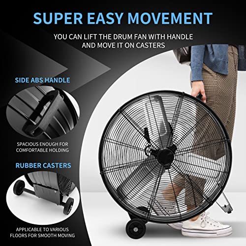 COSTWAY Industrial Drum Fan, 24 Inch 3-Speed Barrel High-Velocity Air Circulator Fan with Built-in Wheels & Aluminum Blades, Portable Heavy-Duty Metal Floor Fan for Garage, Warehouse, Workshop, Black