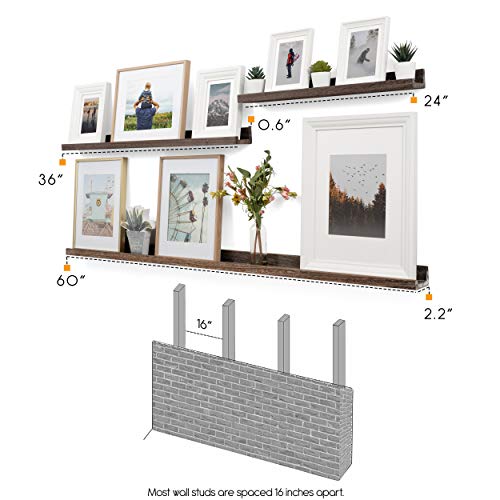 Rustic State Ted Narrow Wall Mounted Wooden Picture Ledge Photo Display Floating Shelf for Living Room Kitchen Bedroom Bathroom - Set of 6 with Varity Sizes 60 & 36 & 24 Inch - Burnt Brown