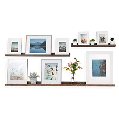 Rustic State Ted Narrow Wall Mounted Wooden Picture Ledge Photo Display Floating Shelf for Living Room Kitchen Bedroom Bathroom - Set of 6 with Varity Sizes 60 & 36 & 24 Inch - Burnt Brown