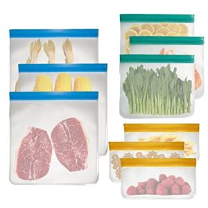 10 pack reusable food storage bags, bpa free food freezer sealed leak-proof bags for family activities, travel storage food (3 snack bags + 4 vegetable & fruit bags + 3 gallon bags