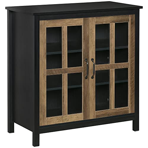 HOMCOM Kitchen Sideboard, Glass Door Buffet Cabinet, Accent Cupboard with Adjustable Storage Shelf for Living Room, Black Wood Grain