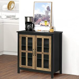 HOMCOM Kitchen Sideboard, Glass Door Buffet Cabinet, Accent Cupboard with Adjustable Storage Shelf for Living Room, Black Wood Grain