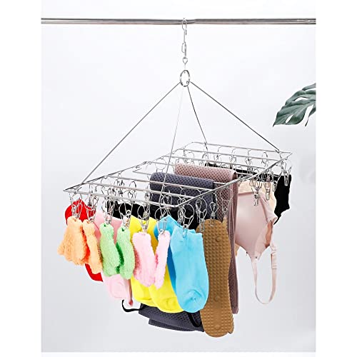 WudTus Folding Sock Drying Hanger 36 Clips Stainless Steel Space-Saving Dryer Rack Washline with Peg for Sock, Underwear, Baby Clothes and Hang Small Laundry Items