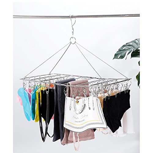 WudTus Folding Sock Drying Hanger 36 Clips Stainless Steel Space-Saving Dryer Rack Washline with Peg for Sock, Underwear, Baby Clothes and Hang Small Laundry Items