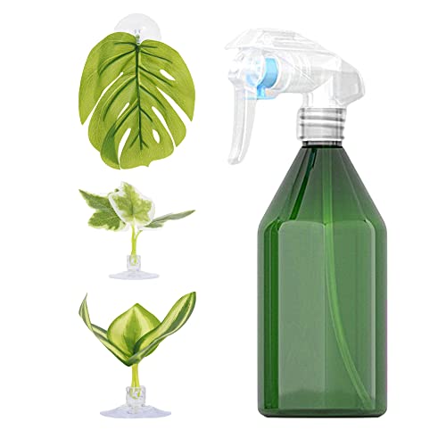 WOLEDOE Reptile Mister and 3Pcs Reptile Plants with Suction Cup, Amphibian Hand Spray Bottle Terrarium Supplies fit Crested Gecko Leopard Lizard Chameleon Ball Python Snake Frog Hermit Crab