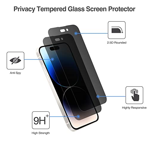 ProCase 2 Pack Privacy Screen Protector for iPhone 14 Pro 2022, 9H Anti Spy Dark Tempered Glass Screen Film Guard for iPhone 14 Pro 6.1 Inch 2022, Case Friendly Bubble Free