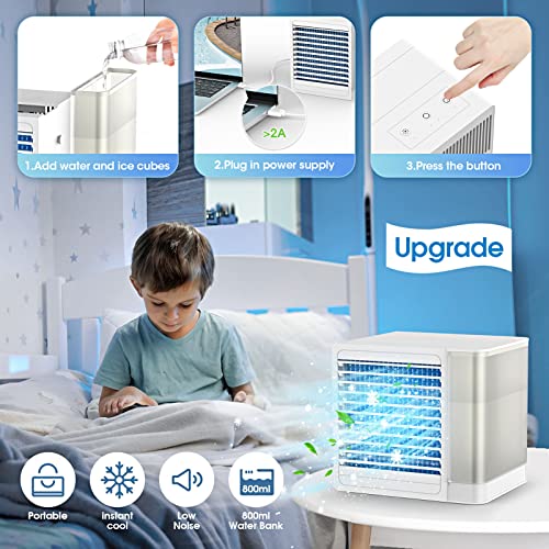 OCROUKI Portable Air Conditioners, Mini Desktop Air Cooler with 800ML Water Tank, USB Powered Portable AC for Personal with LED Night Light for Car, Office, Home and Camping