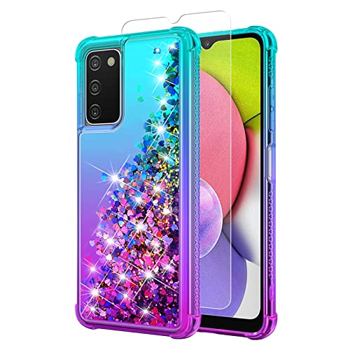 YZOK for Galaxy A03S Case,Samsung 03S Case with HD Screen Protector,Gradient Quicksand Glitter Liquid Floating Waterfall Durable Girls Cute Phone Case for Samsung Galaxy A03S (Teal/Purple)