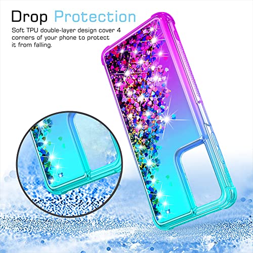 YZOK for Galaxy A03S Case,Samsung 03S Case with HD Screen Protector,Gradient Quicksand Glitter Liquid Floating Waterfall Durable Girls Cute Phone Case for Samsung Galaxy A03S (Teal/Purple)