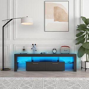 LMEREODY Modern LED TV Stand for 55/60/65/70/75+ inch TV, High Glossy Entertainment Center with LED Lights, Gaming Media Console TV Stand with Storage, Black Wood TV Table for Living Room, Bedroom