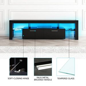 LMEREODY Modern LED TV Stand for 55/60/65/70/75+ inch TV, High Glossy Entertainment Center with LED Lights, Gaming Media Console TV Stand with Storage, Black Wood TV Table for Living Room, Bedroom