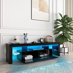 LMEREODY Modern LED TV Stand for 55/60/65/70/75+ inch TV, High Glossy Entertainment Center with LED Lights, Gaming Media Console TV Stand with Storage, Black Wood TV Table for Living Room, Bedroom