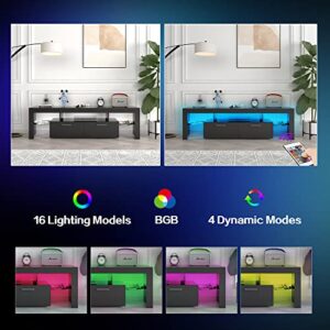 LMEREODY Modern LED TV Stand for 55/60/65/70/75+ inch TV, High Glossy Entertainment Center with LED Lights, Gaming Media Console TV Stand with Storage, Black Wood TV Table for Living Room, Bedroom