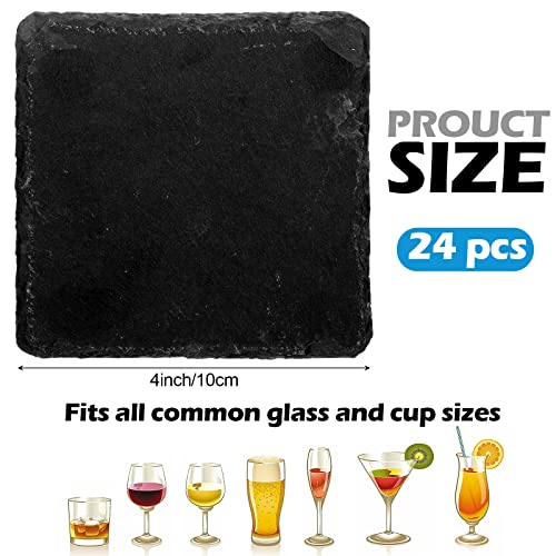 24 Pcs 4X 4 Inch Slate Tile Coasters Bulk for Engraving Black Drink Rough Edge Square Coasters Kitchen for Home Coffee Bar Table