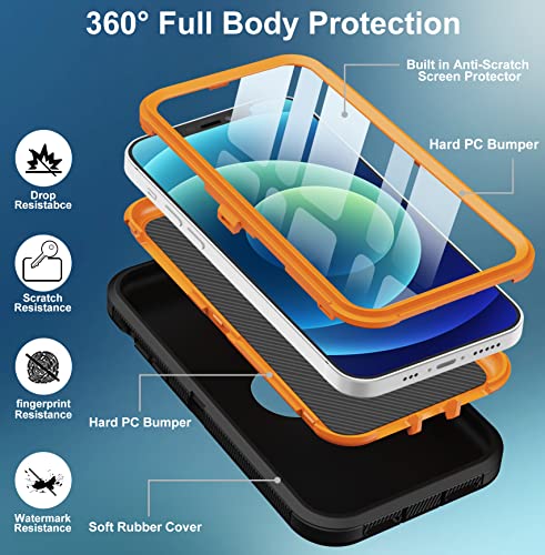 Aimoll-88 for iPhone 12 Case, iPhone 12 Pro Case, with Built in Screen Protector Heavy Duty Drop Protection Shockproof Dust Proof Protective Phone Cover for Apple iPhone 12/12 Pro (Black/Orange)