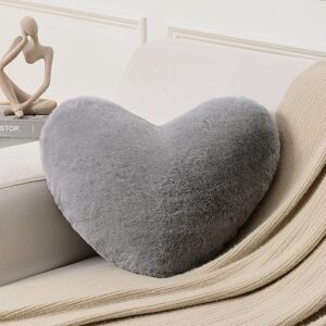 Vdoioe Heart Pillow Fluffy Grey Heart Shaped Throw Pillows Super Soft Faux Rabbit Fur Heart Throw Pillow Outdoor Indoor Decorative Pillows